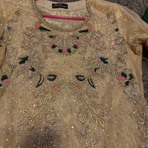 Dresses | Gold Embroidered Net Outfit With Green Pants And Net Dupatta ...
